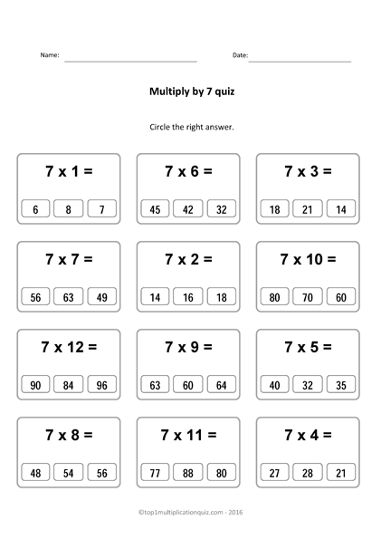 Multiplication By 7 Worksheets