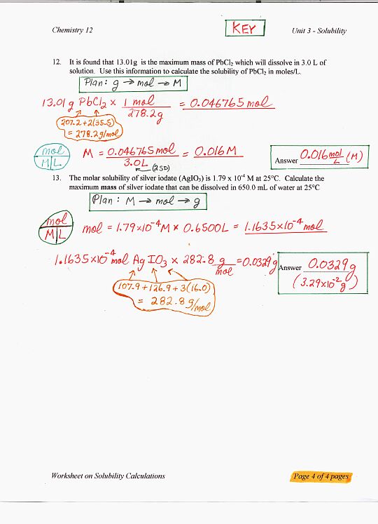 Solubility Worksheets Answer Key