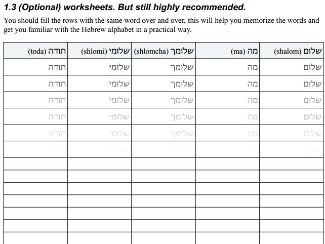 Hebrew Vocabulary Worksheets