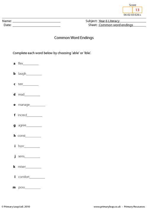 Common Word Endings | Free Worksheets Samples