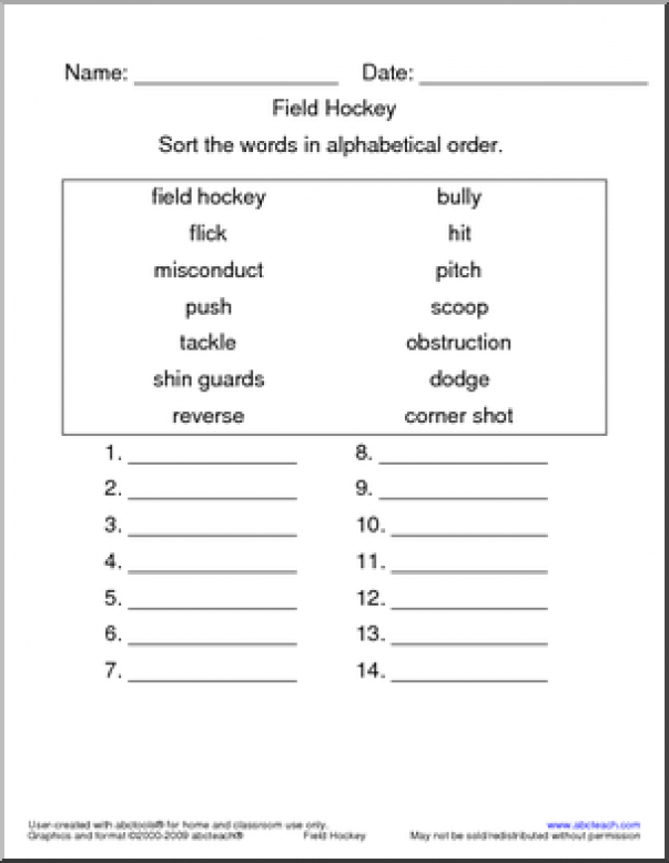 Printable Abc Order Worksheet With Hockey Vocabulary Words | Free ...