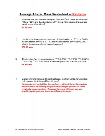Chemistry Average Atomic Mass Worksheets