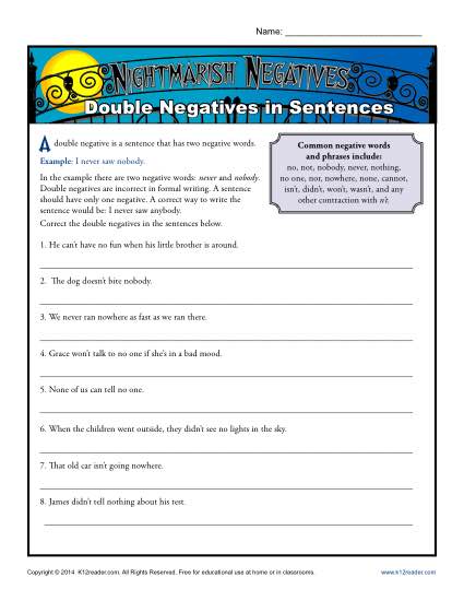 Double Negative Worksheets