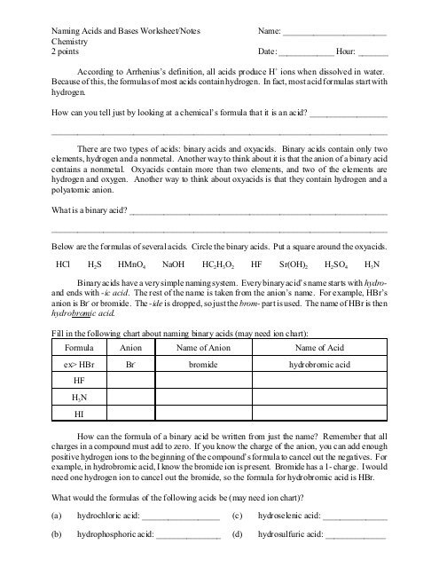 Naming Acids And Bases Worksheet Notes Name Chemistry 2 | Free ...