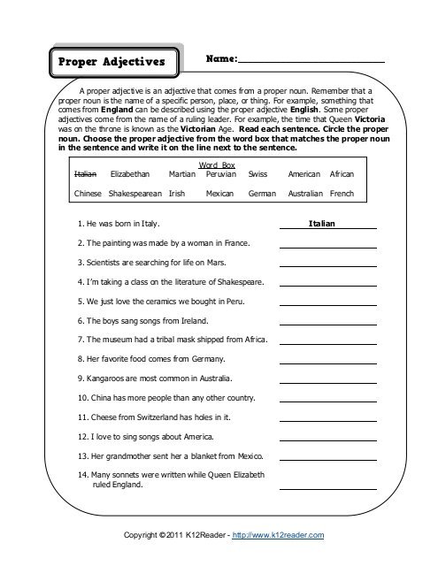 Proper Adjectives Worksheet | Free Worksheets Samples