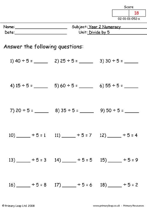Dividing By 5 Worksheets