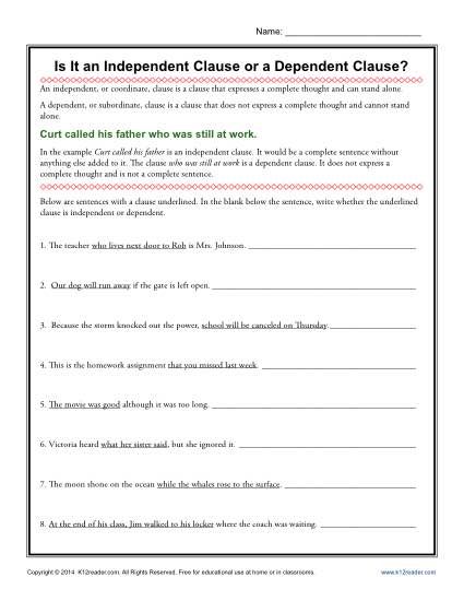 Dependent And Independent Clauses Worksheets 5th Grade