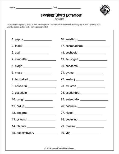 Feelings Word Scramble Worksheet | Free Worksheets Samples
