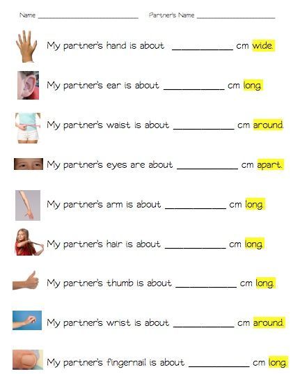 Measuring Body Parts Worksheets