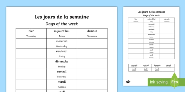 French Days Of The Week Worksheets