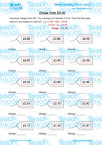 Change From ?5 Worksheets