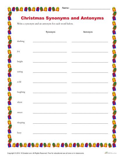 Christmas Synonyms Worksheets