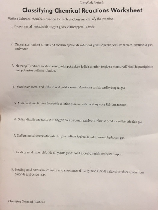 Classification Of Chemical Reactions Worksheet Grammar Worksheets ...
