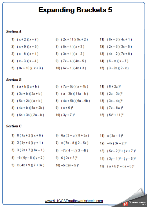 Expanding Brackets Worksheets