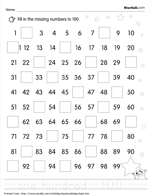 Missing Number Worksheets 1-100