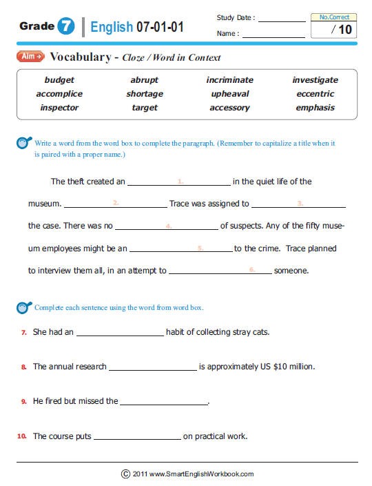 Free Printable English Worksheets For 7th Grade