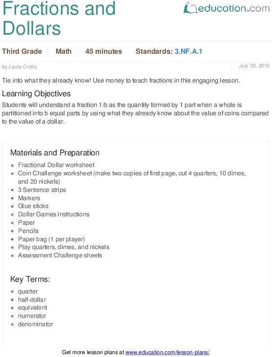 Fractions And Dollars | Free Worksheets Samples