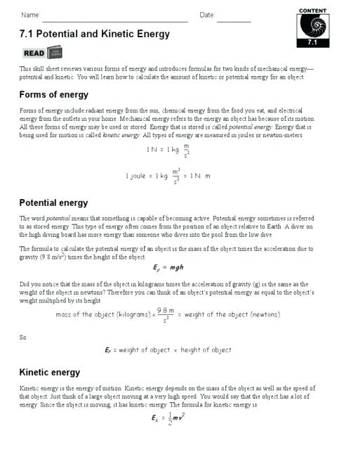 Gravity Worksheet Middle School Forms Of Energy Worksheet Grade | Free ...