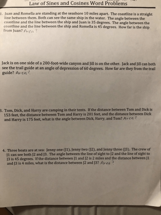Law Of Sines And Cosines Word Problems Worksheets With Answers