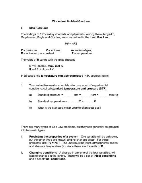 Ideal Gas Law Worksheets