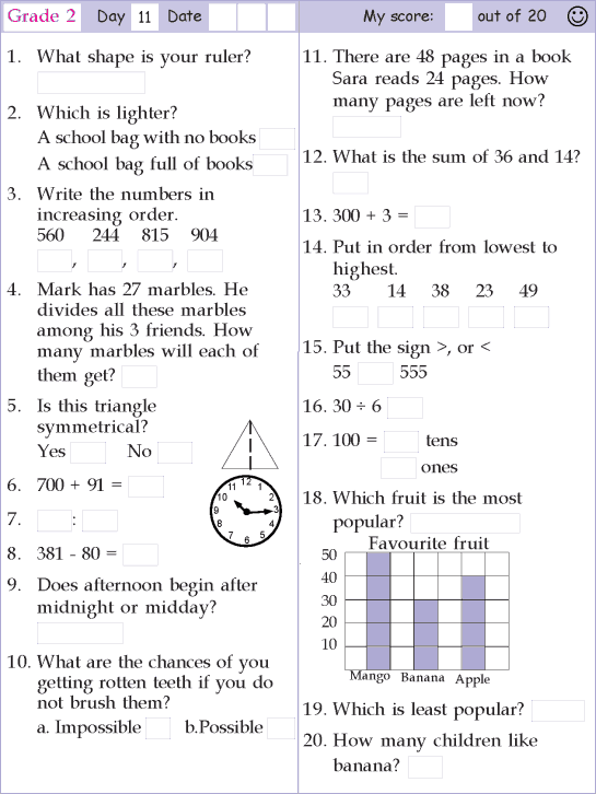Mental Math Grade 2 Day 11 | Free Worksheets Samples