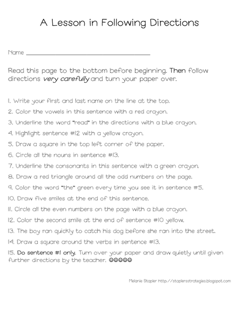Follow Directions Trick Worksheets