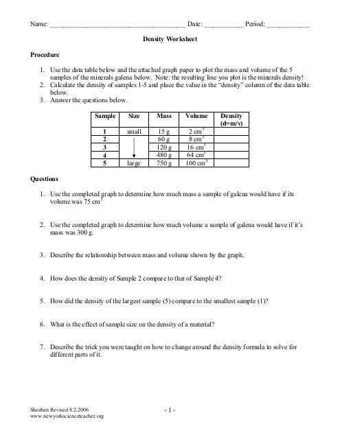 Density Worksheets Answers