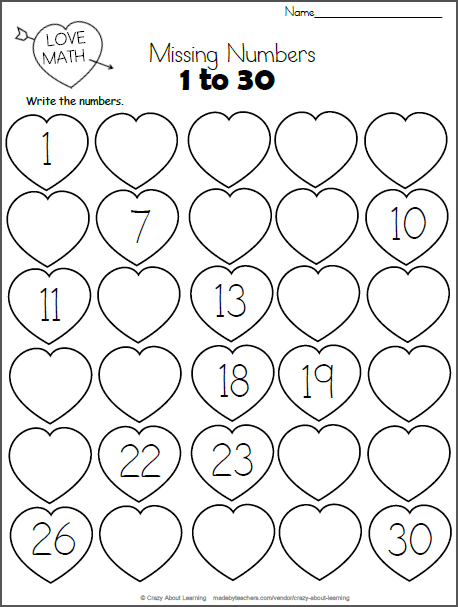 Valentine’s Day Missing Numbers To 30 | Free Worksheets Samples