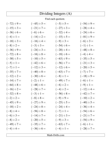 Multiplying And Dividing Integers Worksheets Grade 7