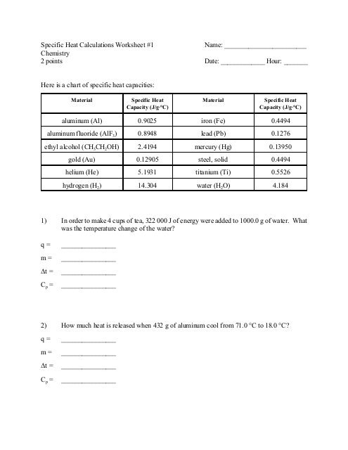 Chemistry Specific Heat Worksheets