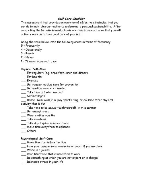 Self Care Assessment Worksheets