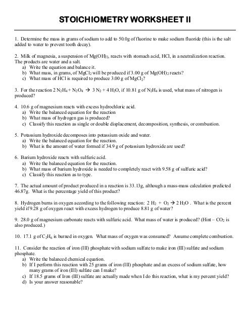 Stoichiometry Worksheets 1 Answers