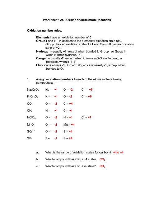 Oxidation And Reduction Worksheets