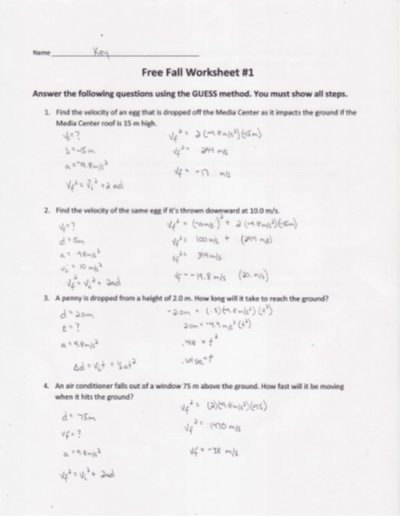Free Fall Problems Worksheets Answers