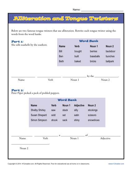 Alliteration And Tongue Twisters | Free Worksheets Samples
