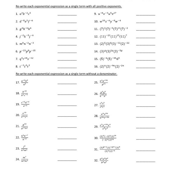 Exponents Worksheets 8th Grade