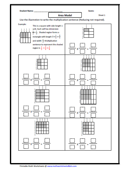 Fraction Multiplication Area Model Free Worksheets Samples