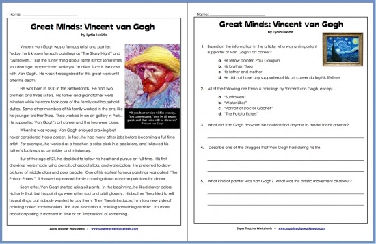 Van Gogh Worksheets