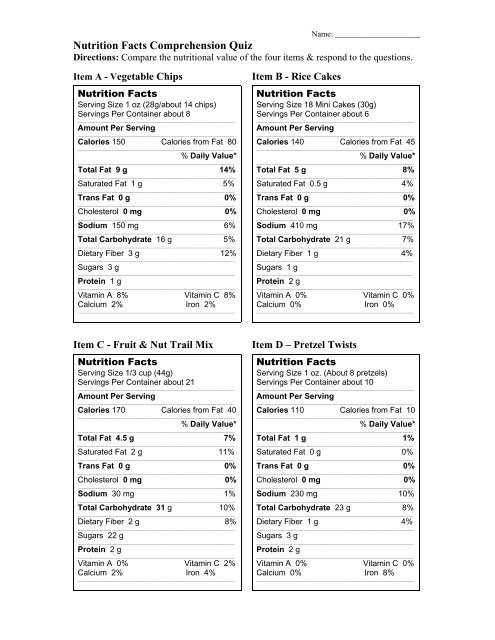Nutrition Facts Comprehension Worksheet Pdf | Free Worksheets Samples