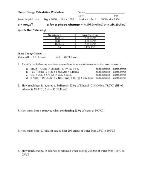 Phase Changes Worksheets Answers