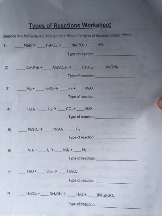 Worksheet 3 Balancing Equations And Identifying Types Of Reactions ...