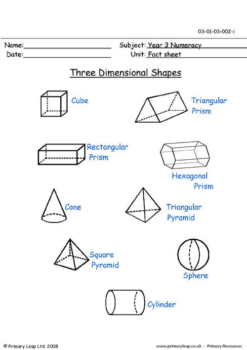 Three Dimensional Shapes Worksheets