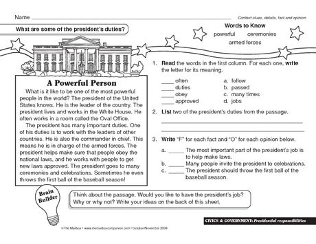 Presidents’ Day Worksheet Presidential Responsibilities | Free ...