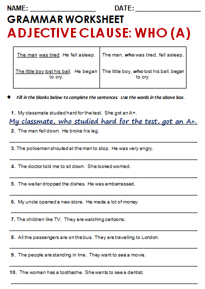 Adjective Clauses Worksheets Adjective Clauses Worksheets